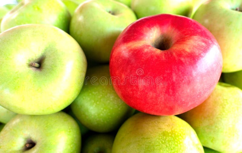 One Red Apple among Group of Many Green Apples Stock Photo - Image of ...