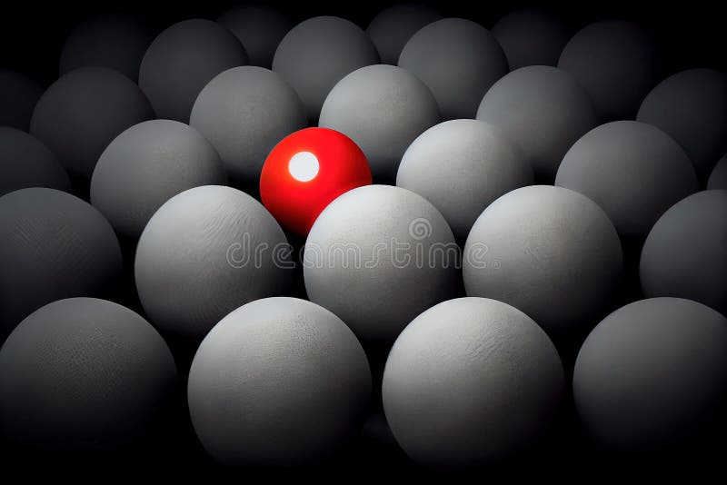 One Red Ball among Many Gray Spheres on a Black Background. Diversity ...