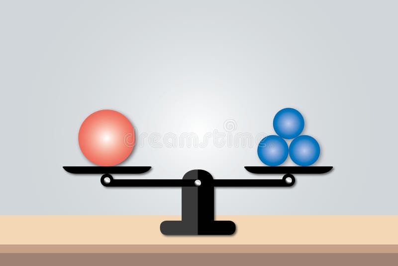 One Red Big Ball Balancing Three Blue Small Ball with Scale on Table ...