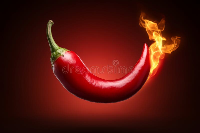 One Red Hot Chili Pepper with Flame Flying in Air, Burning Spice ...