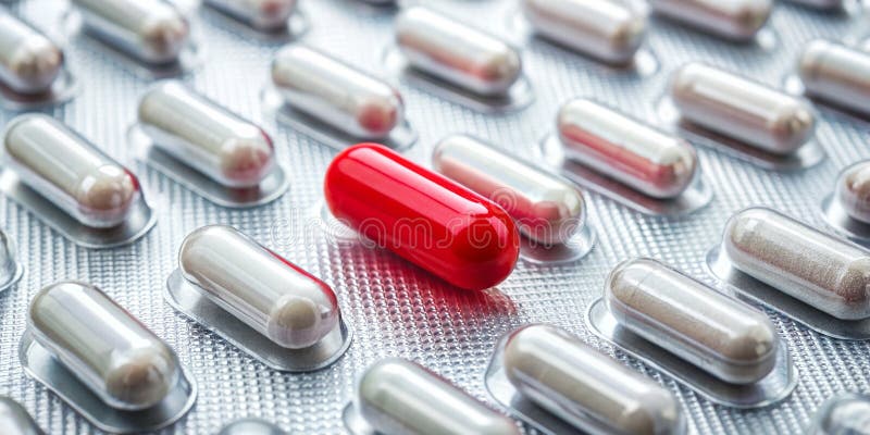 One Red Pill among Empty Packets of Medicines AI-Created Content Stock ...