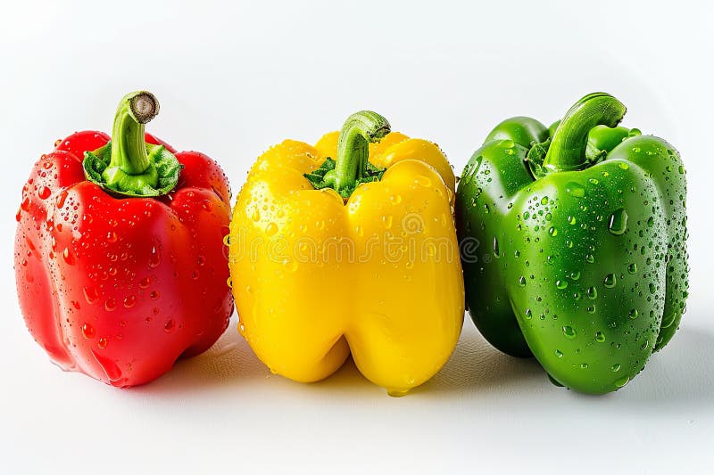 One Red, One Yellow, One Green Bell Pepper on White Isolated Background ...