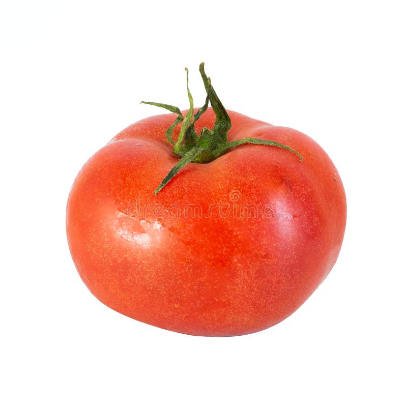 One Ripe Bright Red Tomato with Green Tail on White Background Stock ...