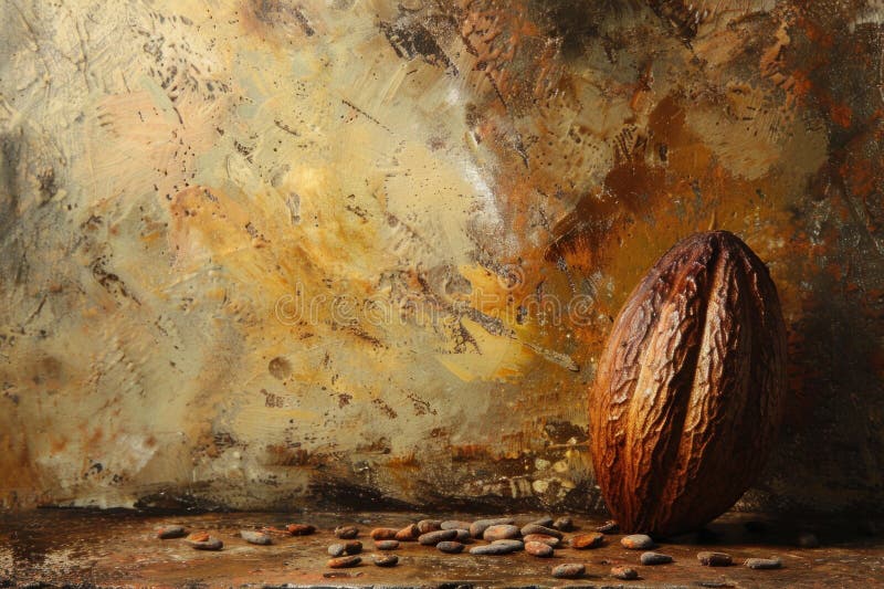 One Ripe Cocoa Pod Standing Upright with Cocoa Beans Scattered Around ...