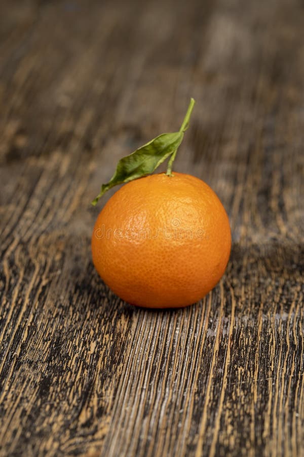 One Ripe Tangerine with a Dried Green Leaf Stock Image - Image of ...
