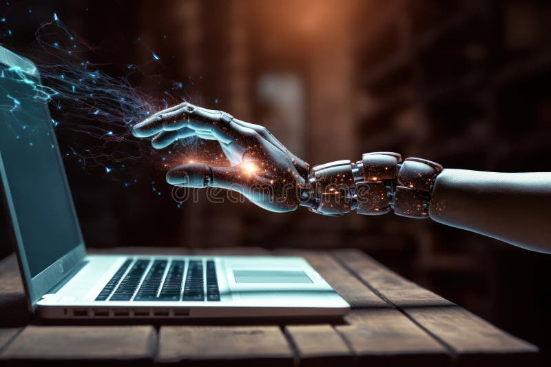 One Robot Hand Emerging from a Computer AI Generated Stock Illustration ...