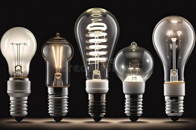 One Row of the Evolution of Electric Light Bulbs Glowing on a Black ...