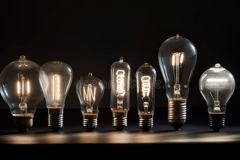 One Row of the Evolution of Electric Light Bulbs Glowing on a Black ...