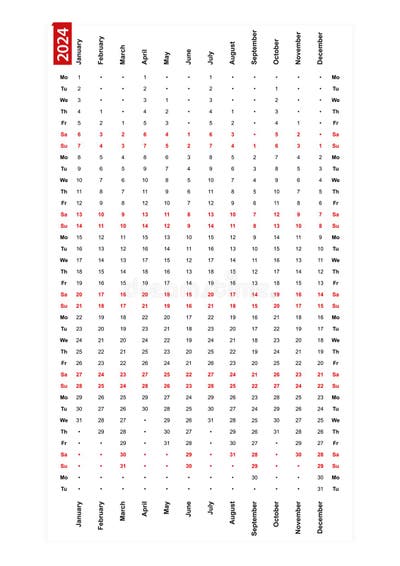 One Row Vertical Calendar 2024, Monday First Day of the Week Stock ...