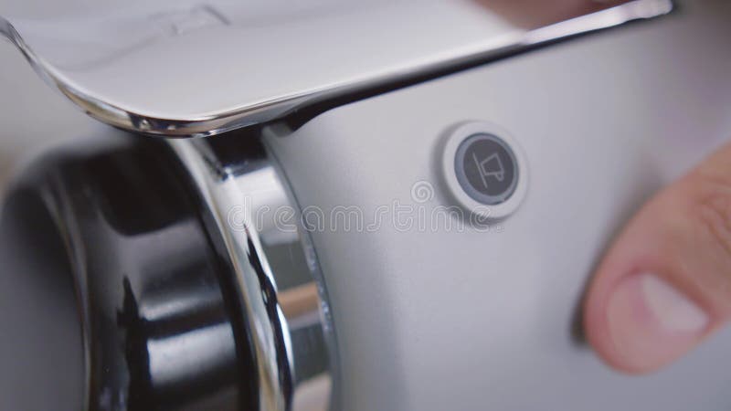 One`s Finger Presses Round Shaped Button on Panel of Automatic Coffee ...