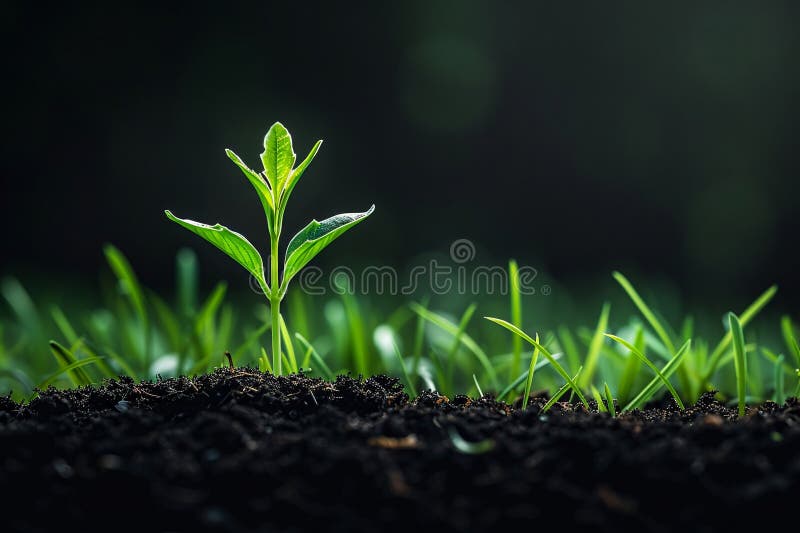 One Seedling on Clean Grass, Low Angle, Light Black Background at ...