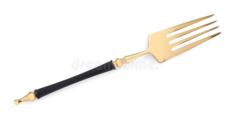 One Shiny Golden Fork Isolated on White, Top View Stock Photo - Image ...