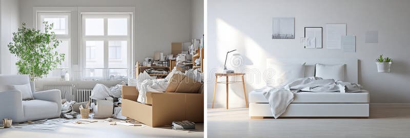 Split Interior View Showcasing Chaotic Living Space Contrasted with ...