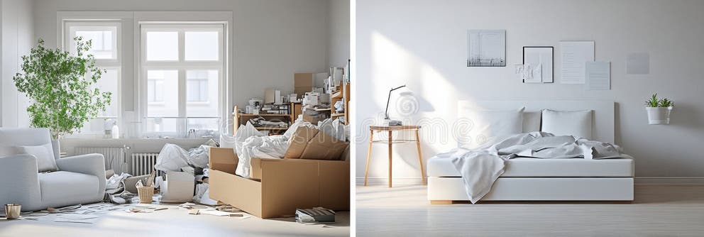 Split Interior View Showcasing Chaotic Living Space Contrasted with ...