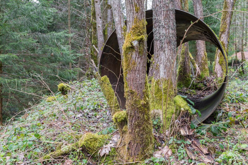 One Single Old Rusty Iron Tube from a Water Pipeline in a Forest Stock ...