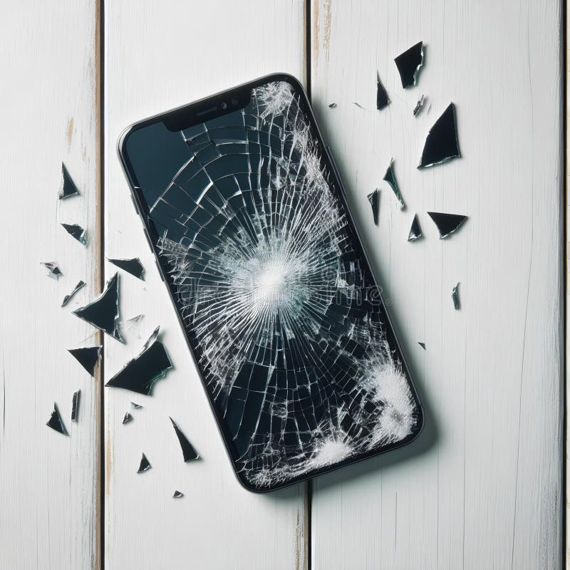 One Single Shattered Smartphone Screen on White Empty Wooden Table Top ...