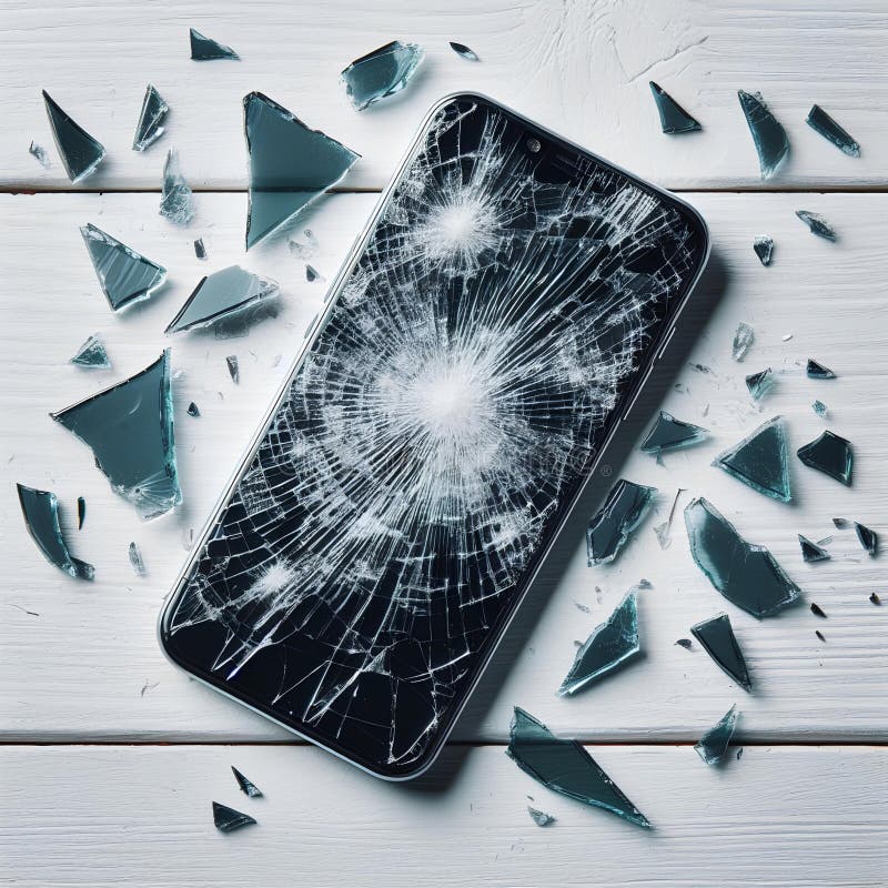 One Single Shattered Smartphone Screen on White Empty Wooden Table Top ...