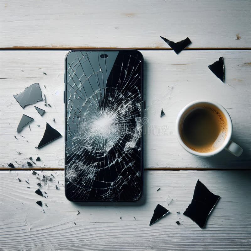 One Single Shattered Smartphone Screen on White Empty Wooden Table Top ...