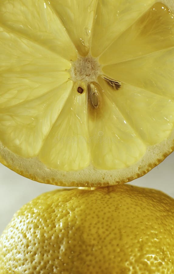 One Slice of Lemon Fruit on the Lemon Peel at Vertical Close Up Stock ...