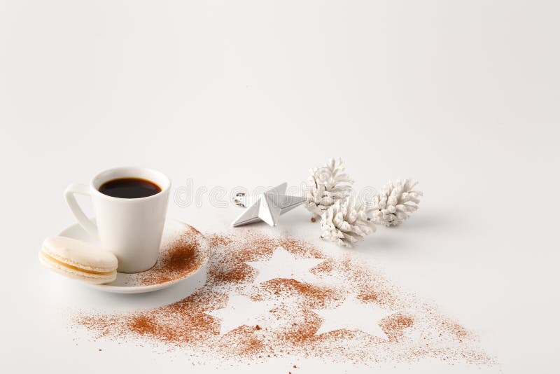 One Small Cup of Cofee and Cocoa Powder on White Table Stock Image ...