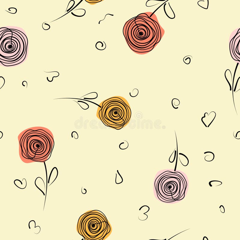 One Solid Line Sketched Flowers Seamless Pattern, Pink and Green Spots ...