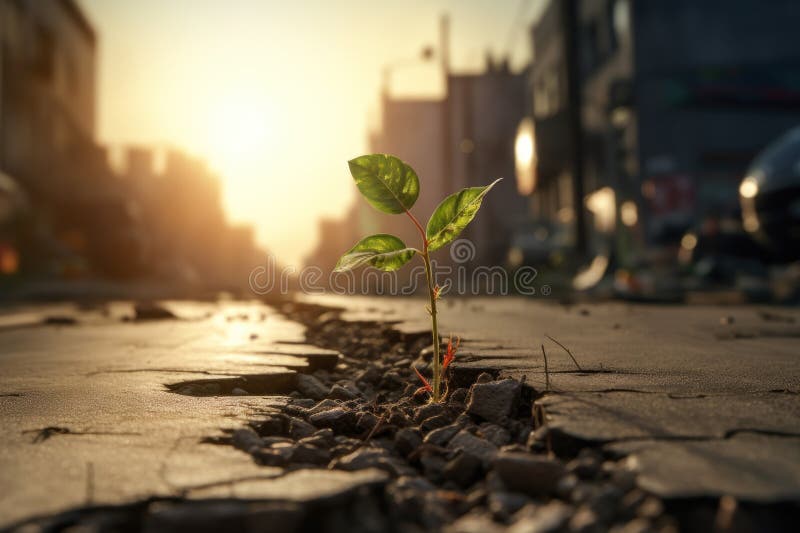 One Sprout Breaks through Hard Surface of Asphalt, Symbolizing Strength ...