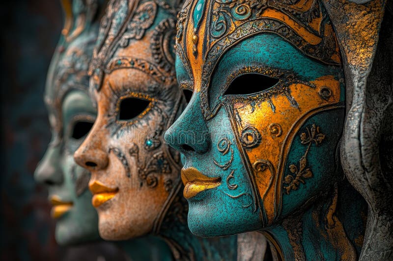 One of Three Masks of Women S Faces on Display Has a Trim Made of Gold ...