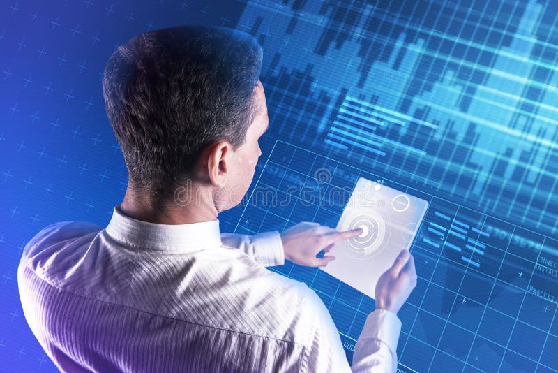 Calm Project Manager Touching the Screen of a Tablet while Working ...