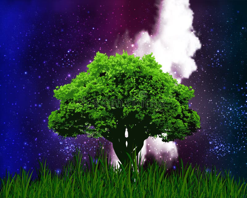 The Starry Night Sky and Lonely Tree Stock Vector - Illustration of ...