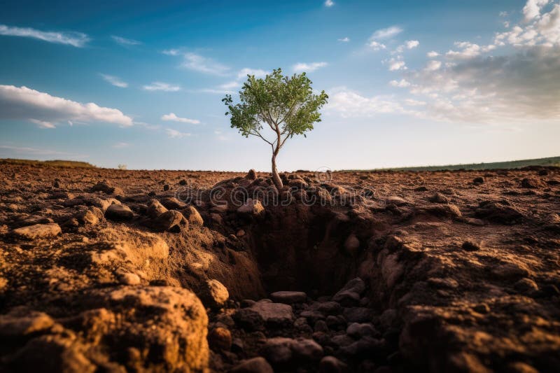 One Tree Growing on Black Soil in Beautiful Nature. Generative AI Stock ...