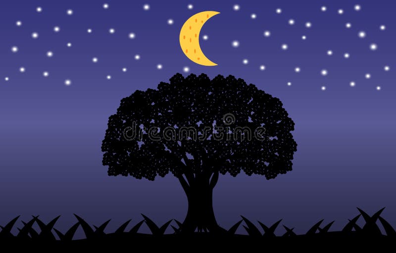 One Tree at Night Flat Style Stock Vector - Illustration of landscape ...