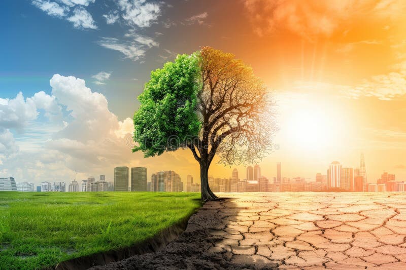 A Tree Divided a City S Fate in Two Landscapes Stock Illustration ...