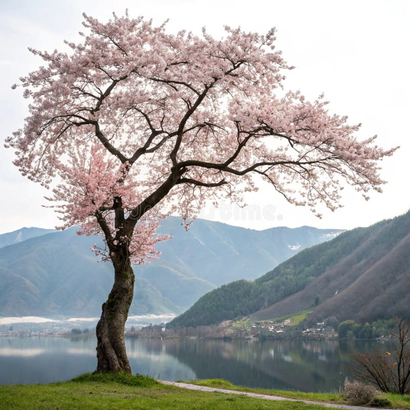 One Tree. Single Cherry Tree in Full Bloom with Mountain and Lake ...