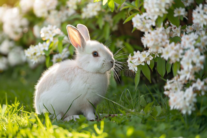 White rabbit in the garden stock illustration. Illustration of green ...