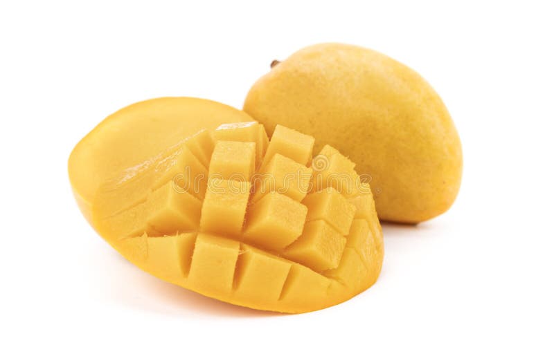 Sliced Mango and Half Diced Mango on White Background, Side View Stock ...