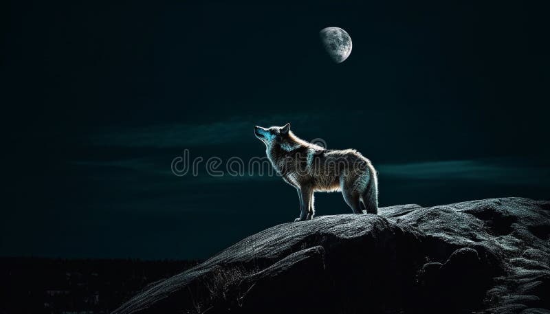 One Wolf Standing in the Dark, Howling at the Moon Generated by AI ...