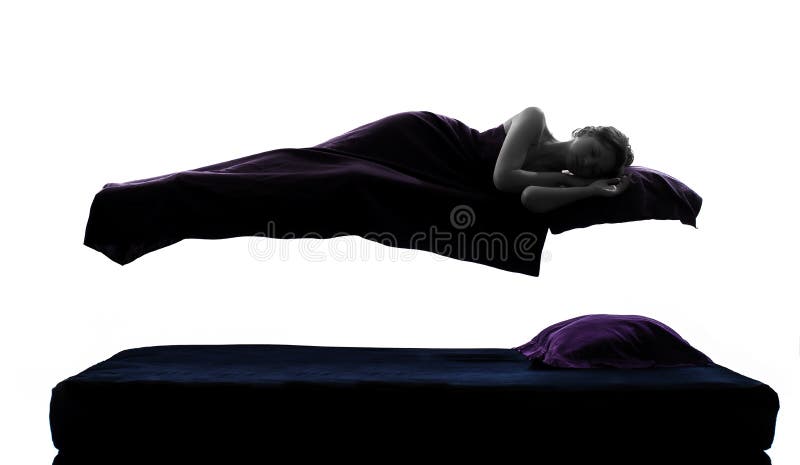 Woman Sleeping In Levitation On Bed Silhouette Stock Photo - Image of ...