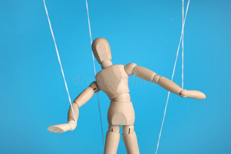 One Wooden Puppet with Strings on Light Blue Background Stock Photo ...