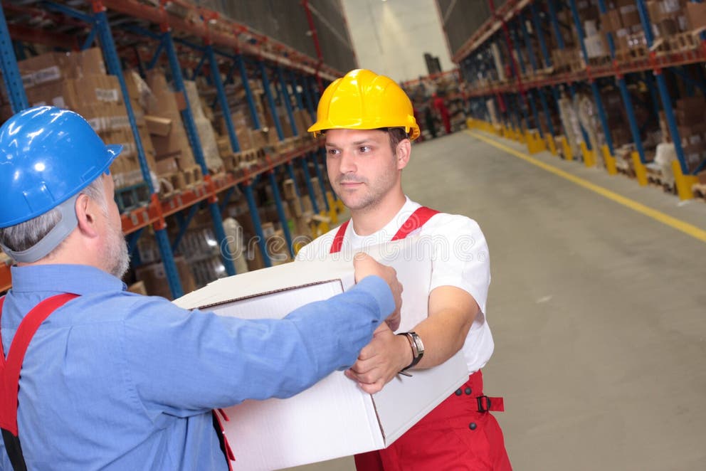 One Worker Receiving Box from Another Stock Photo - Image of ...