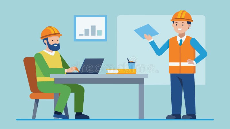 One Worker Sits at a Desk Reviewing Safety Protocols and Taking Notes ...