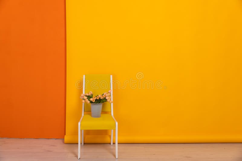 One Yellow Chair in Orange Wall Interior Stock Image - Image of seat ...
