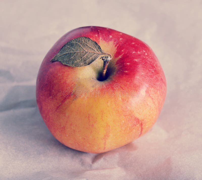 One Yellow Ripe Red Apple with Leaf Stock Image - Image of studio ...