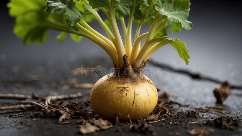 One Yellow Turnip Alongside Root As Well As Leaves Cut Out. Stock ...