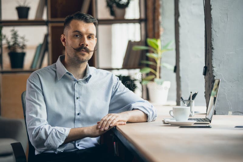 One Young Businessman, Office Worker, Manager Working on Laptop ...