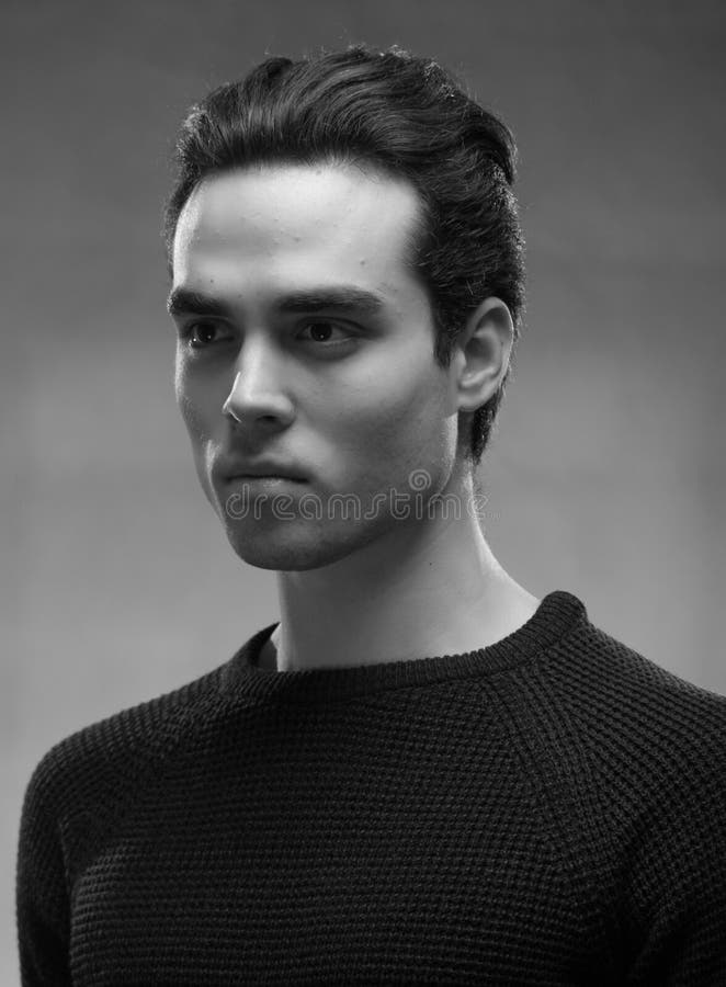 One Young Man Model, Head Face, Black and White Stock Photo - Image of ...