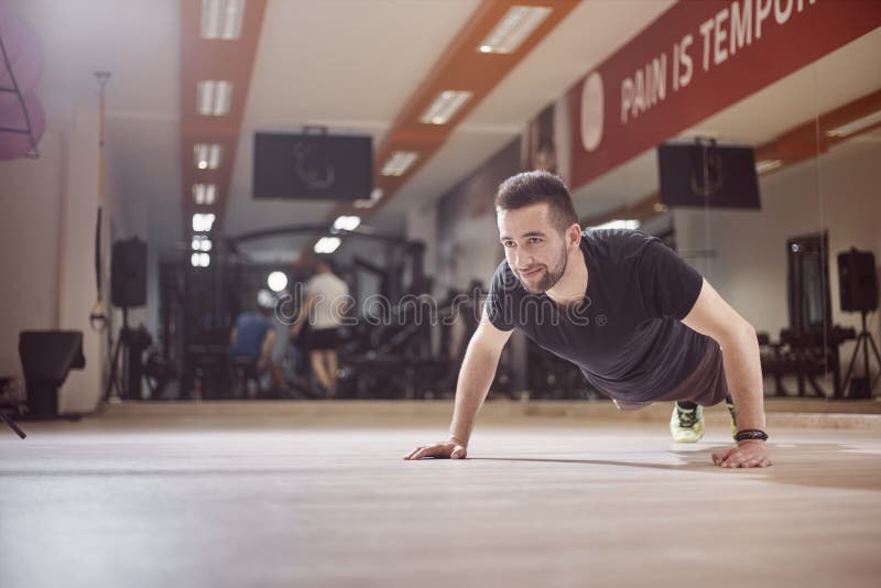 One Young Man, Push-up Exercise, Gym Floor, Stock Image - Image of ...