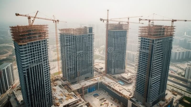 Ongoing Skyscraper Building Complex Construction Project with Tower Cranes and Urban Cityscape ...