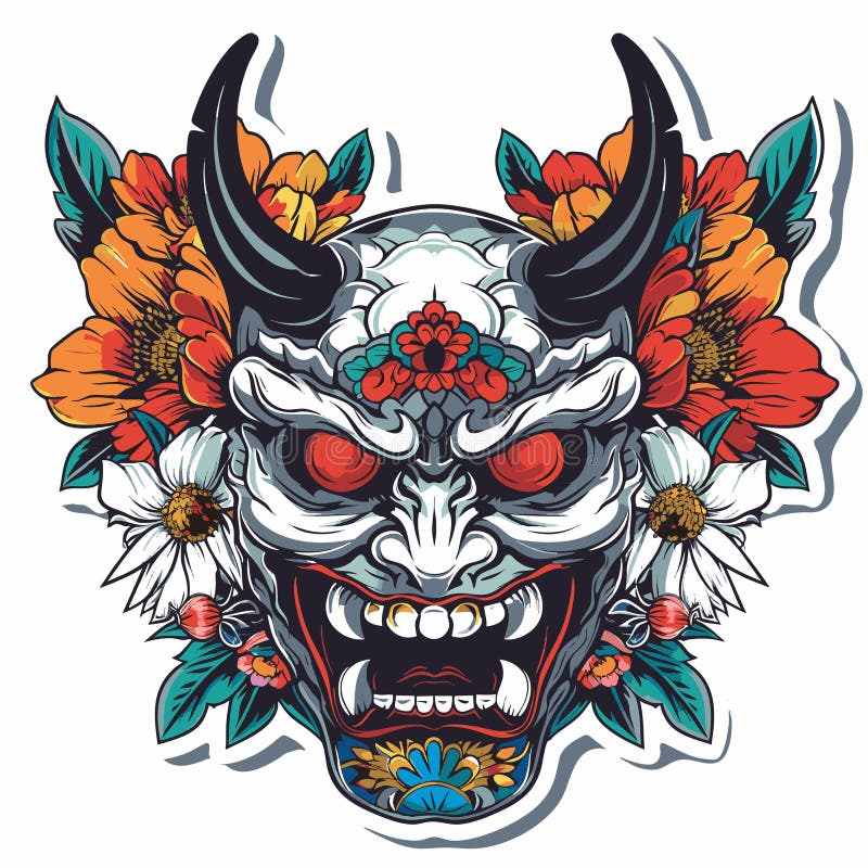 Oni mask with flowers stock vector. Illustration of symbol - 361697110