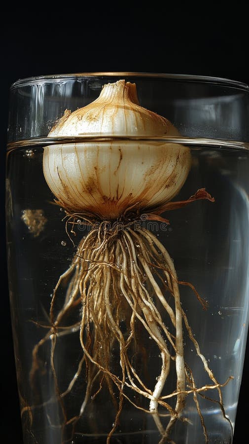 Onion Bulb with Roots Growing in Water, Close-up View. Botany and ...