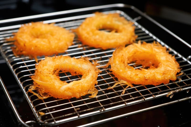 Onion Rings Fresh from the Fryer, Draining on a Rack Stock Photo ...